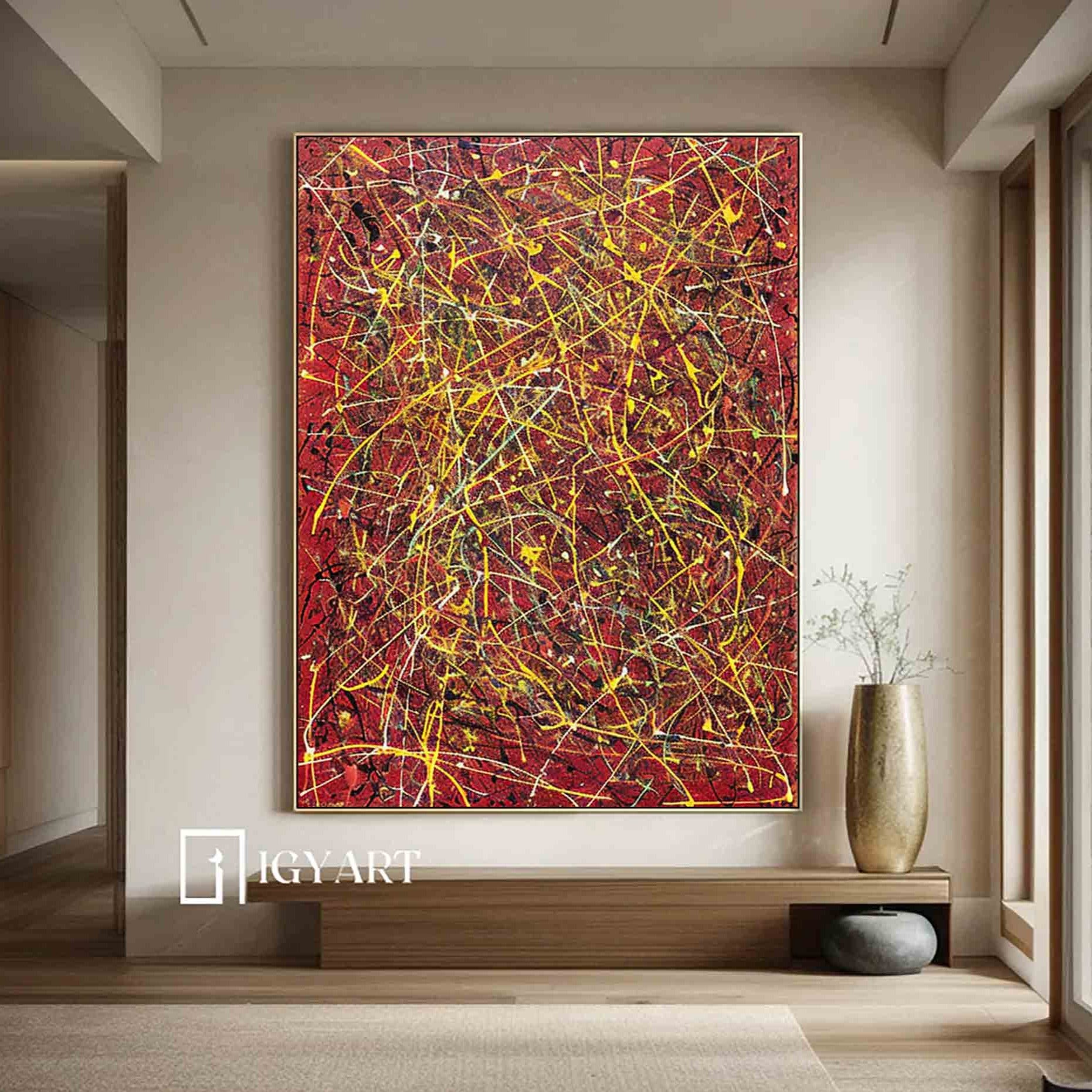 Jackson Pollock Style Paintings On Bright Red Canvas Modern Abstract ...