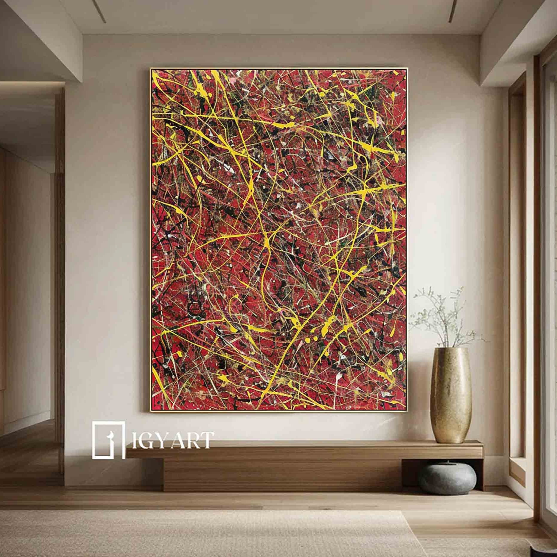 Jackson Pollock Style Paintings On Bright Red Canvas Modern Abstract ...