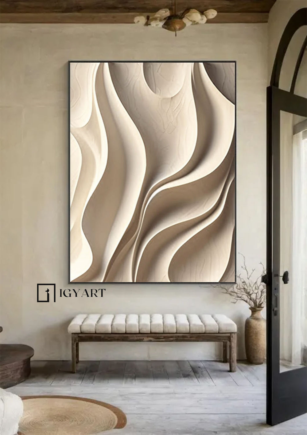 Beige 3D Textured Wall art Mid century Modern relief painting